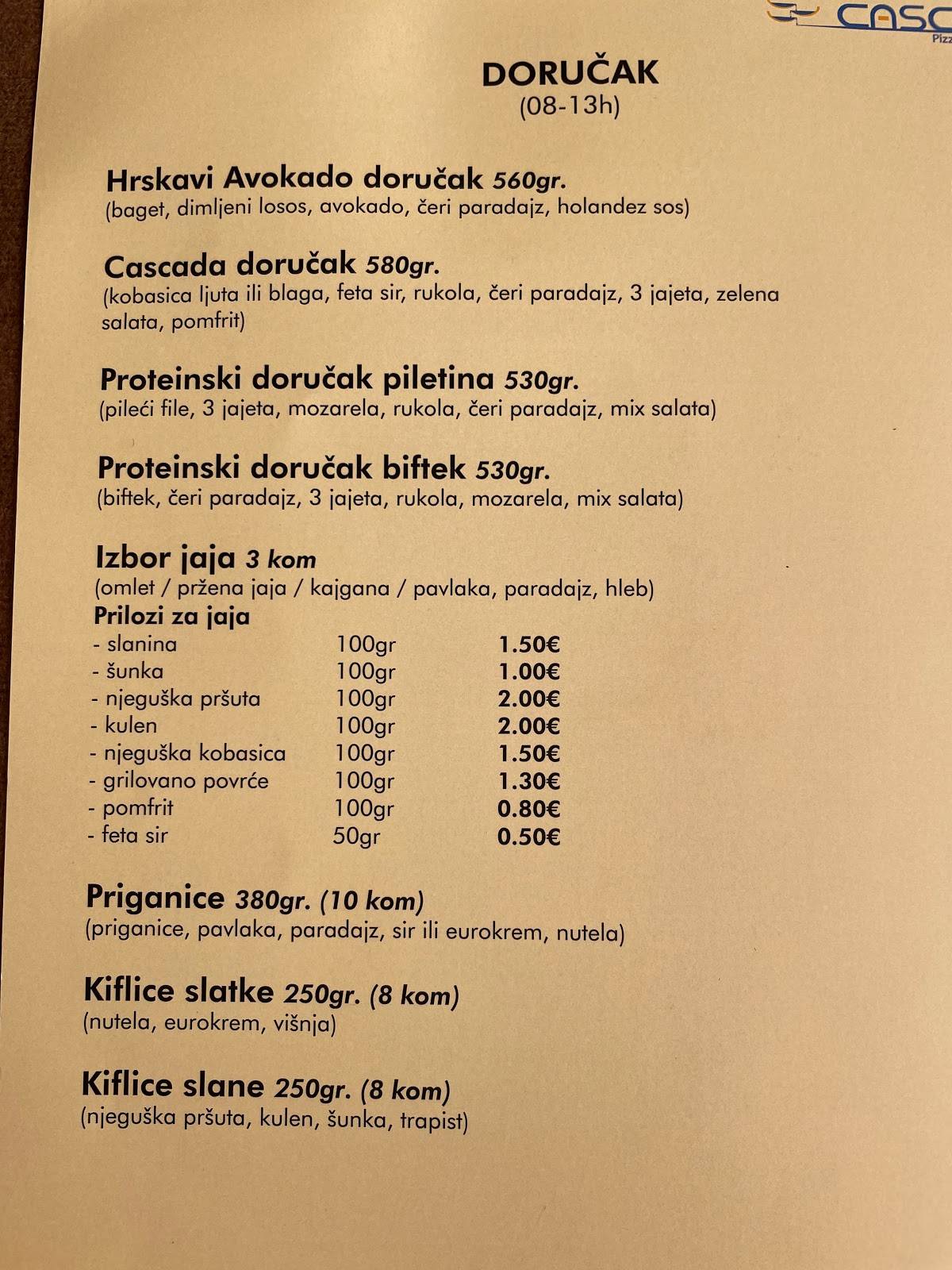 Menu at Cascada, restoran - picerija restaurant, Podgorica
