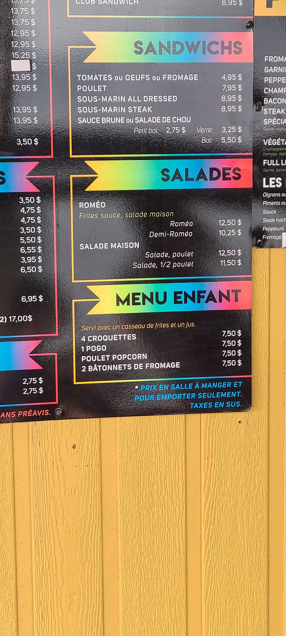 Menu au Casse-Croûte La Licorne restaurant, Rivière-du-Loup