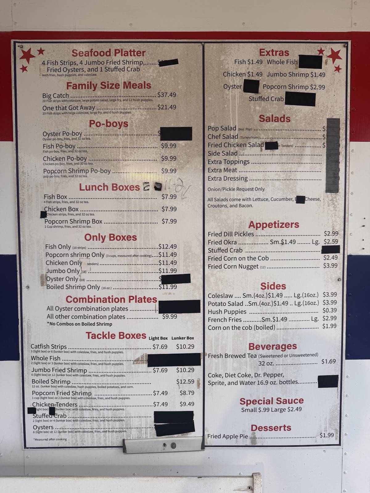 Menu at Catfish One restaurant, Monticello