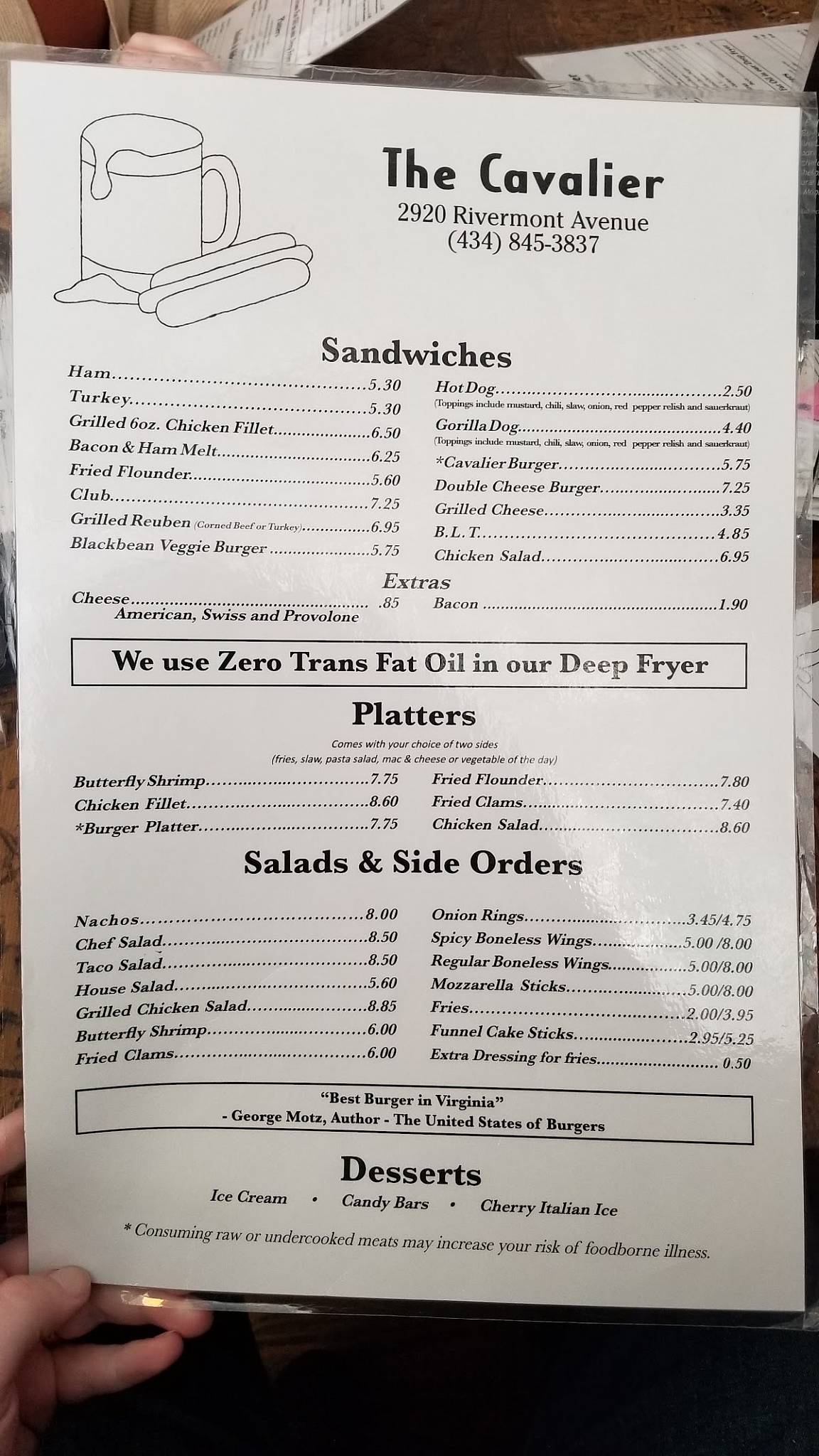 Menu at Cavalier Store restaurant, Lynchburg