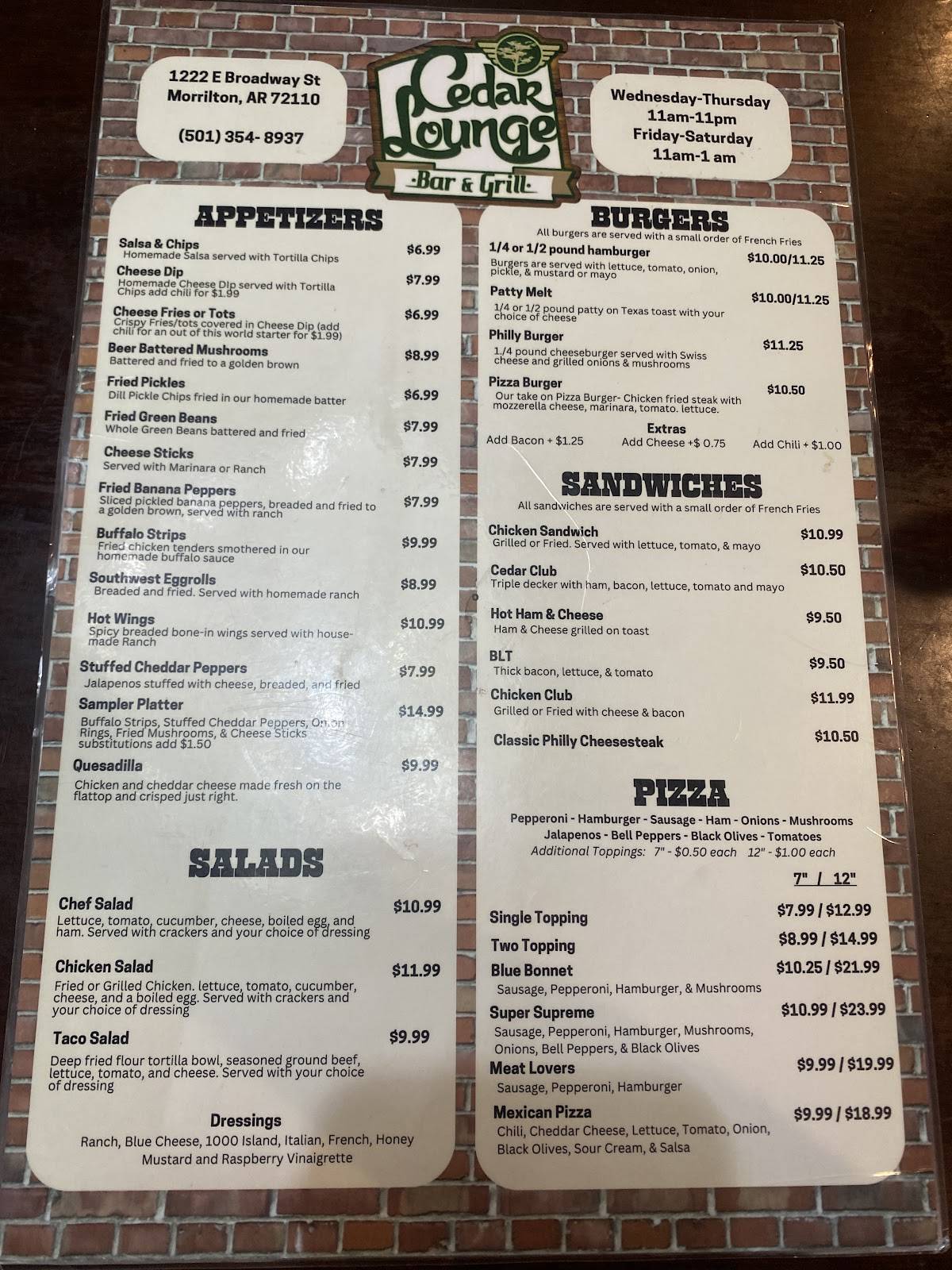 Menu at Cedar Lounge steakhouse, Morrilton