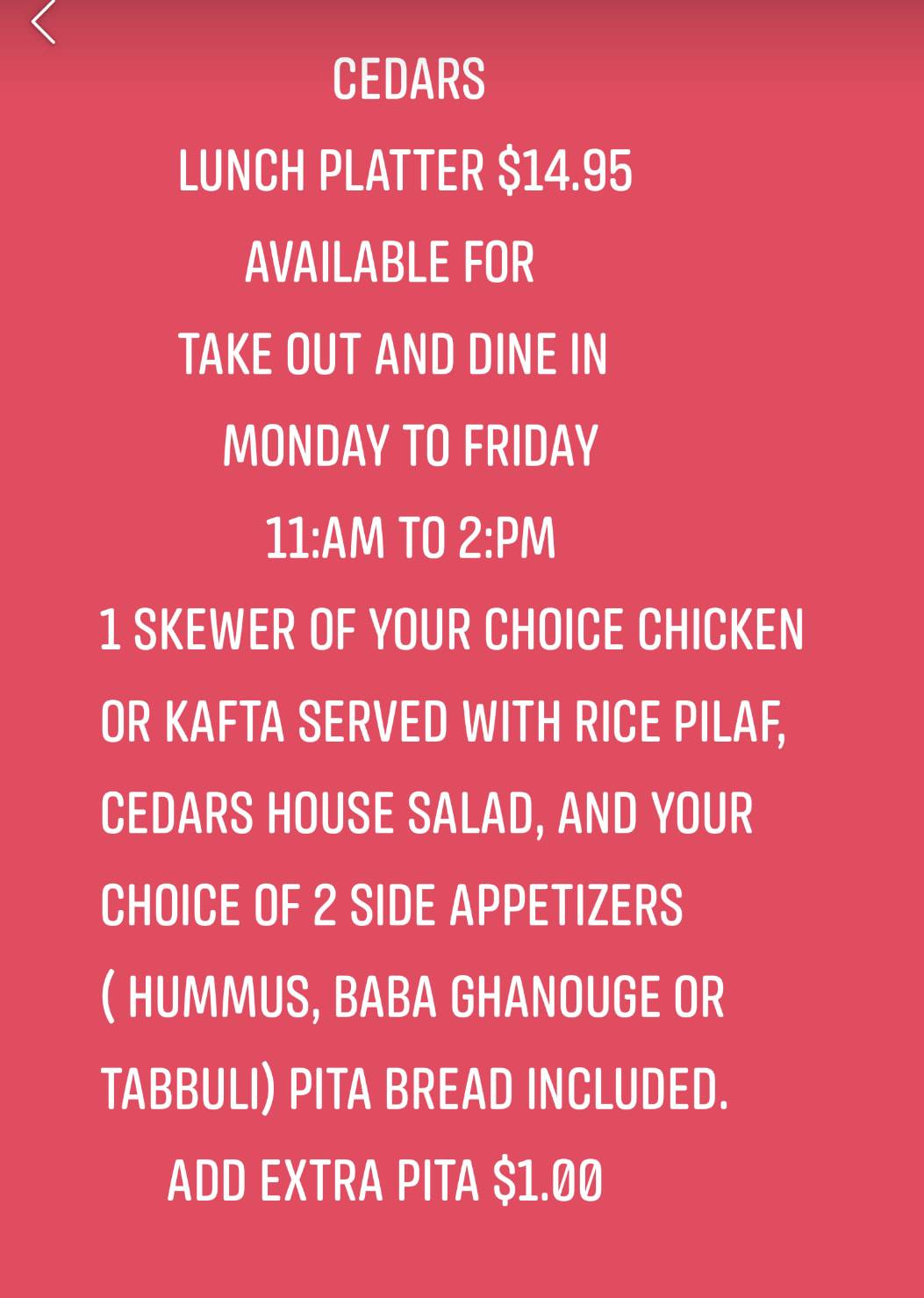 Menu at Cedars Mediterranean Cuisine restaurant, McMurray, Washington Rd