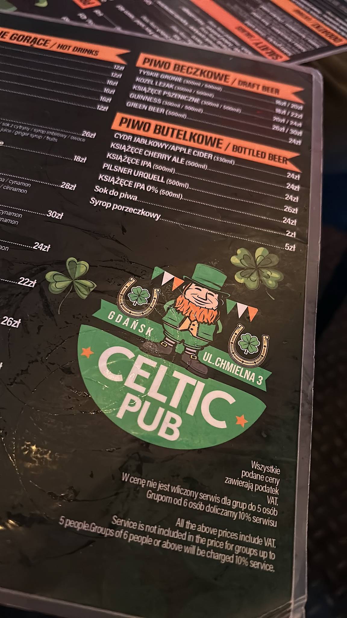 Menu at Celtic Pub, Gdańsk
