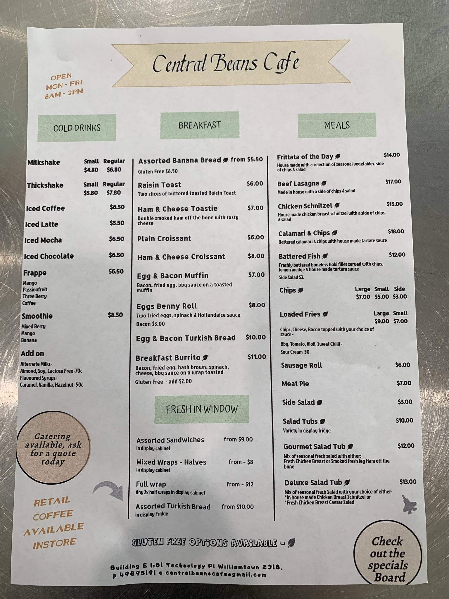 Menu at Central Beans Cafe, Williamtown