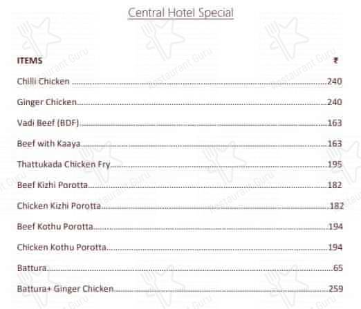 Menu at Central Hotel Thrissur, Thrissur, Museum Rd