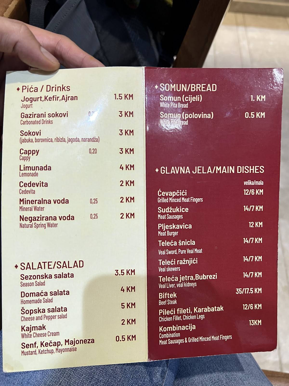 Menu at Ćevabdžinica Petica Ferhatović restaurant, Sarajevo