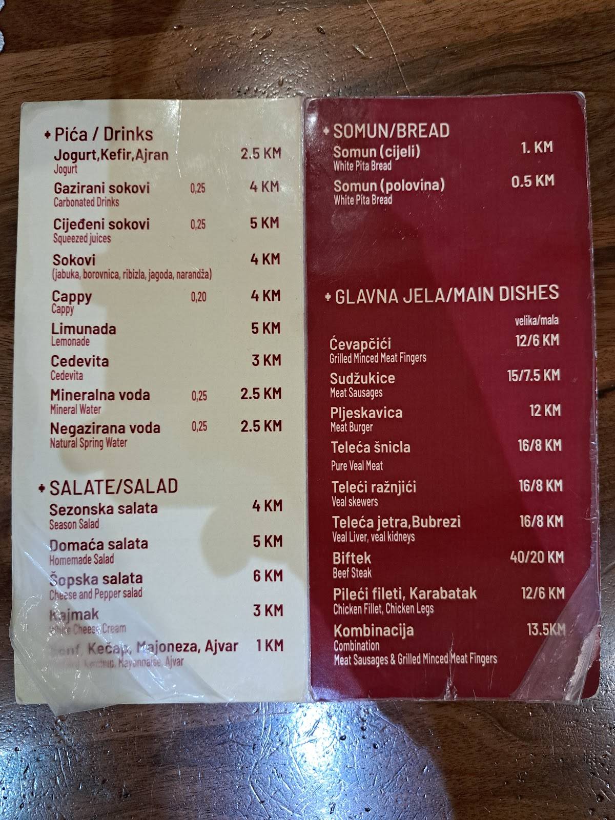 Menu at Ćevabdžinica Petica Ferhatović restaurant, Sarajevo
