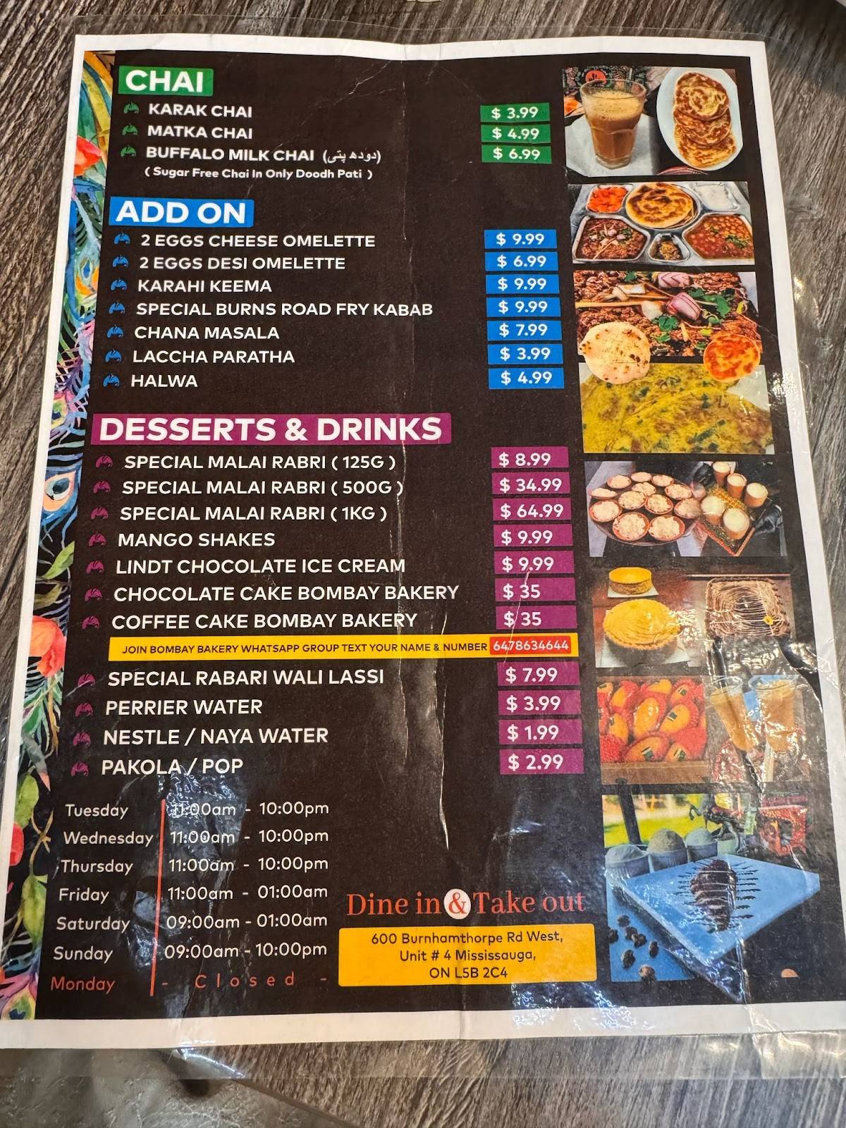 Menu at Chai Paratha Mississauga restaurant, Mississauga