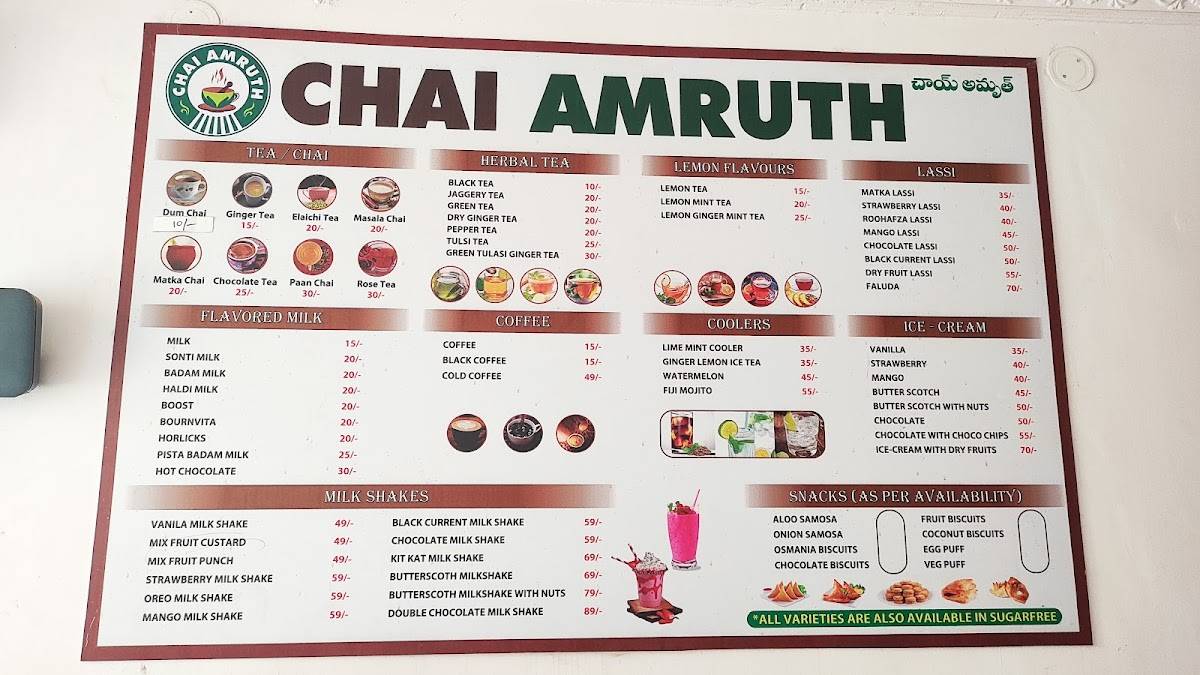 Menu at Chai amruth, Hyderabad, Manjeera Pipeline Rd