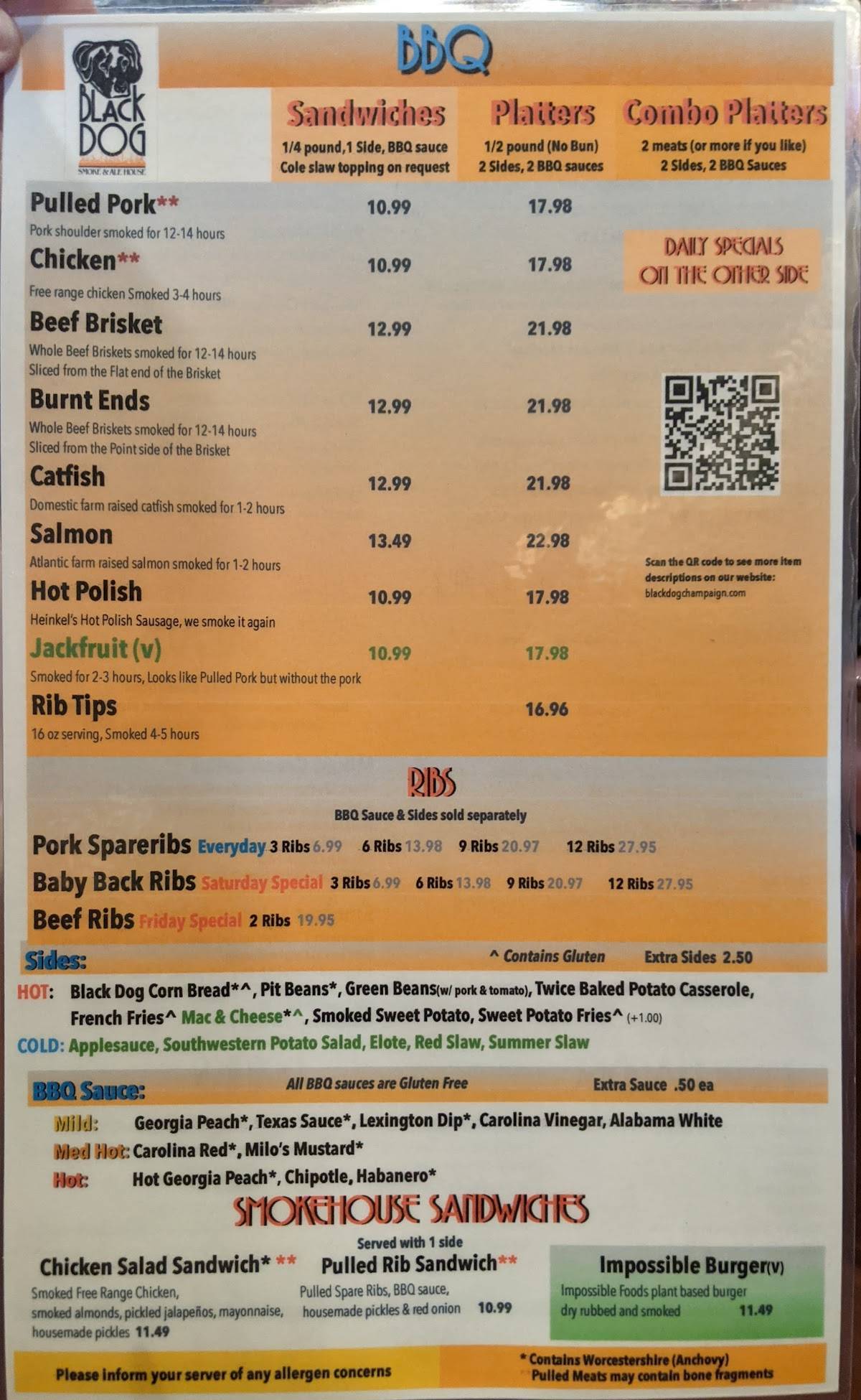 Menu at Black Dog Smoke & Ale House pub & bar, Champaign, 320 N Chestnut St