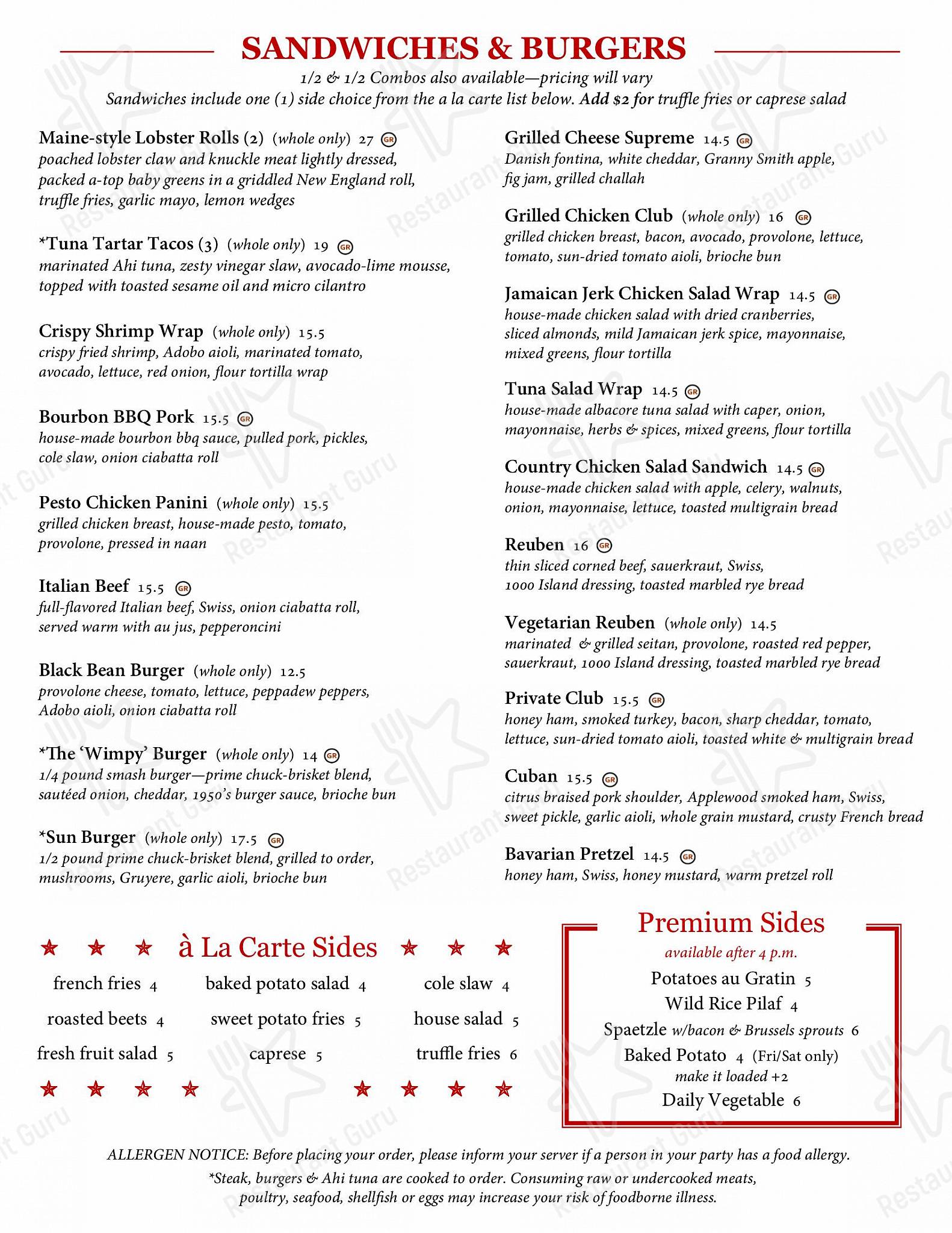 Menu at Sun Singer Restaurant, Wine & Spirits, Champaign