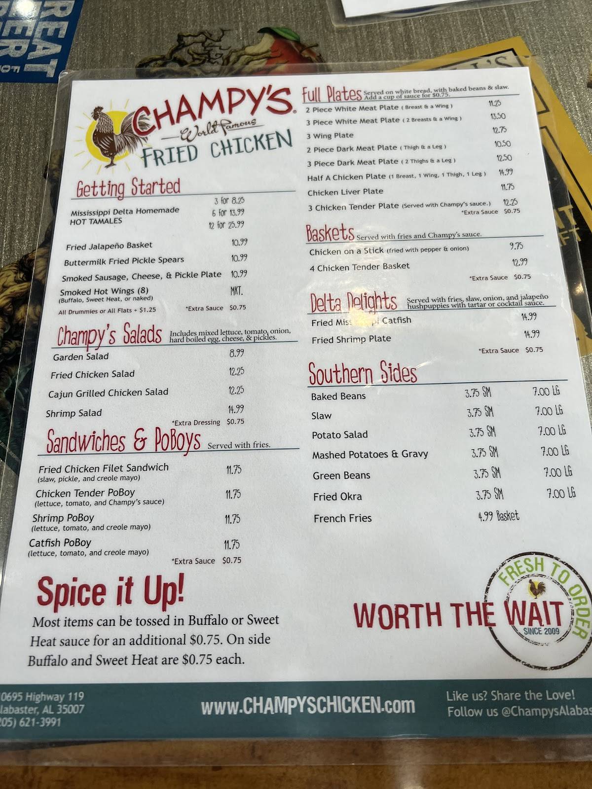 Menu at Champy's Famous Fried Chicken restaurant, Alabaster