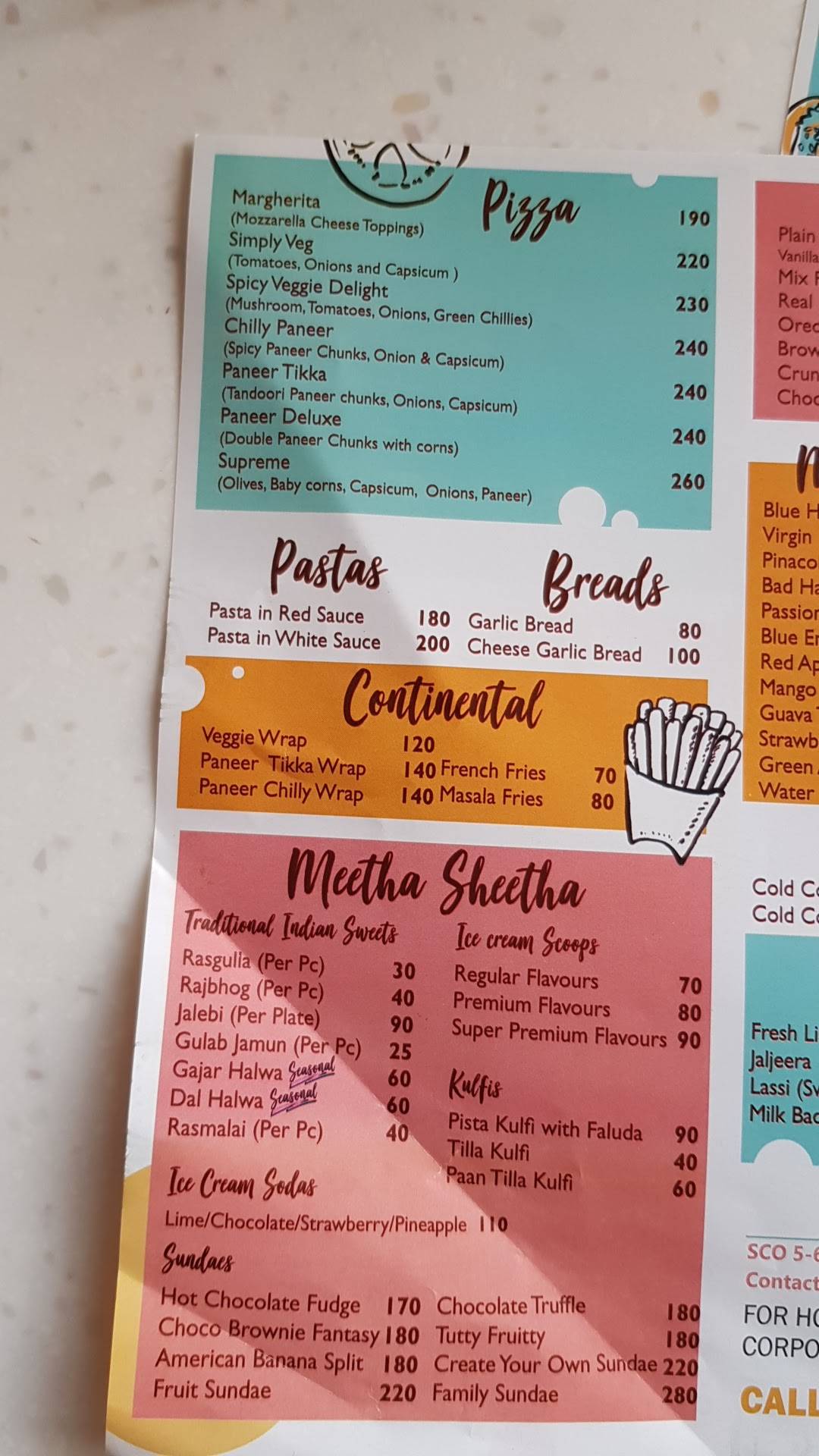 Menu at Baba Dairy, Chandigarh, 5-6-7