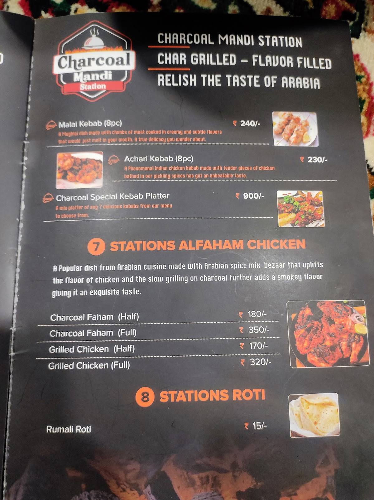 Menu at Charcoal Mandi, Hyderabad