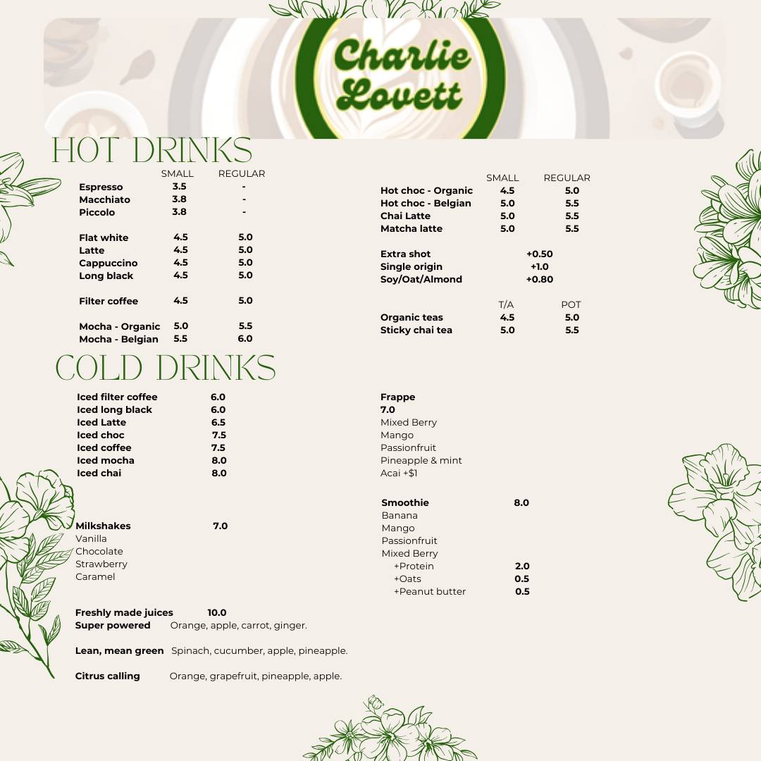 Menu at Charlie Lovett Peakhurst cafe, Peakhurst, 2 Stanley St