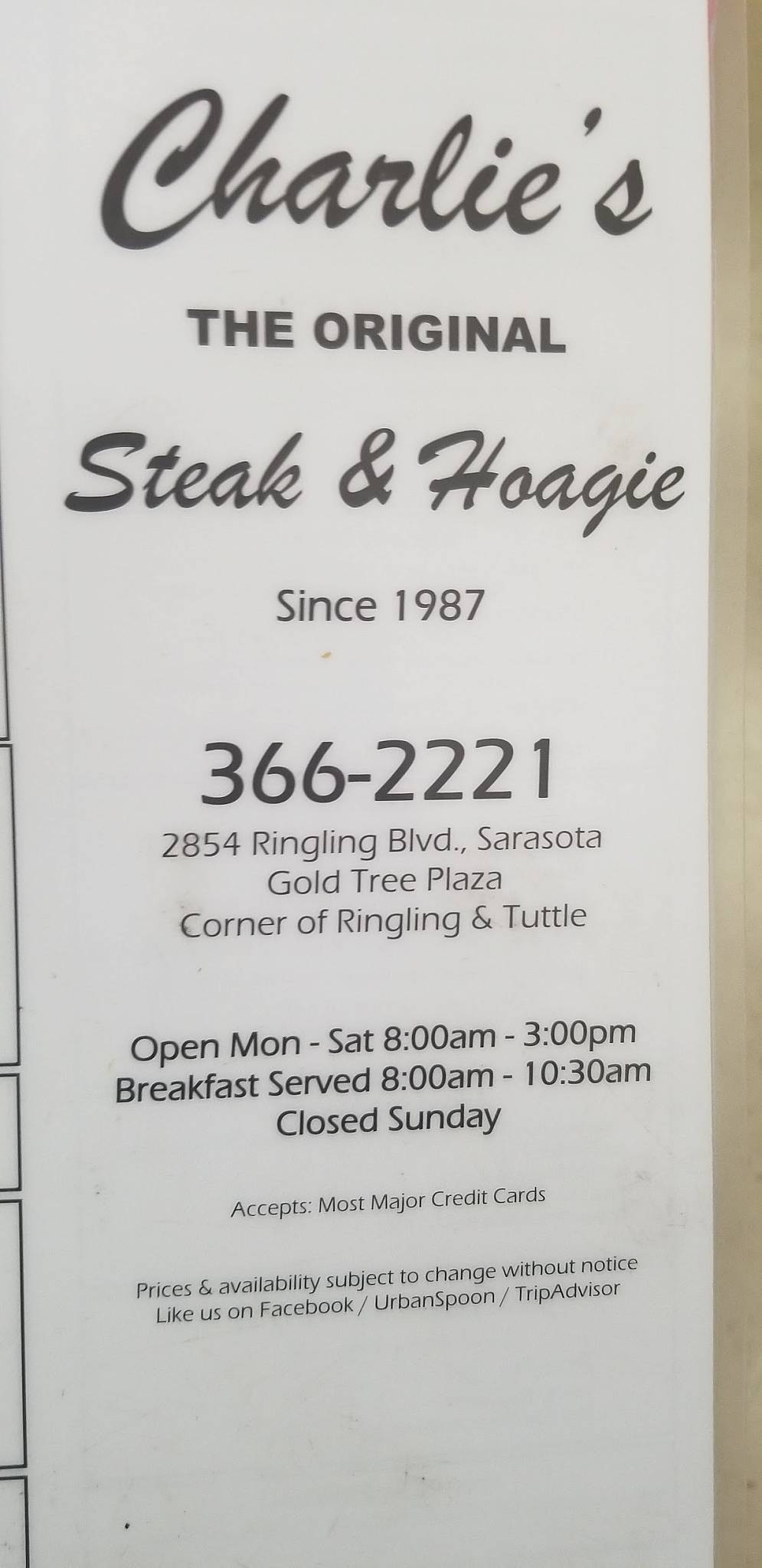 Menu at Charlie's Steak & Hoagie restaurant, Sarasota