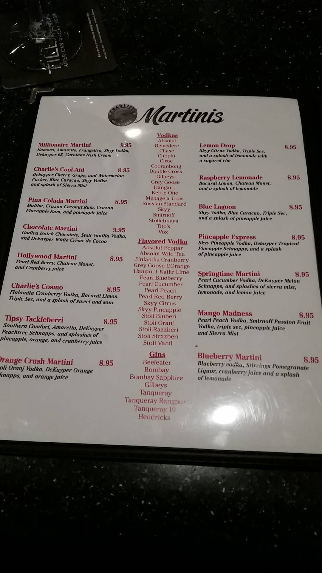 Menu at Charlie's on the Lake steakhouse, Omaha, S 144th St
