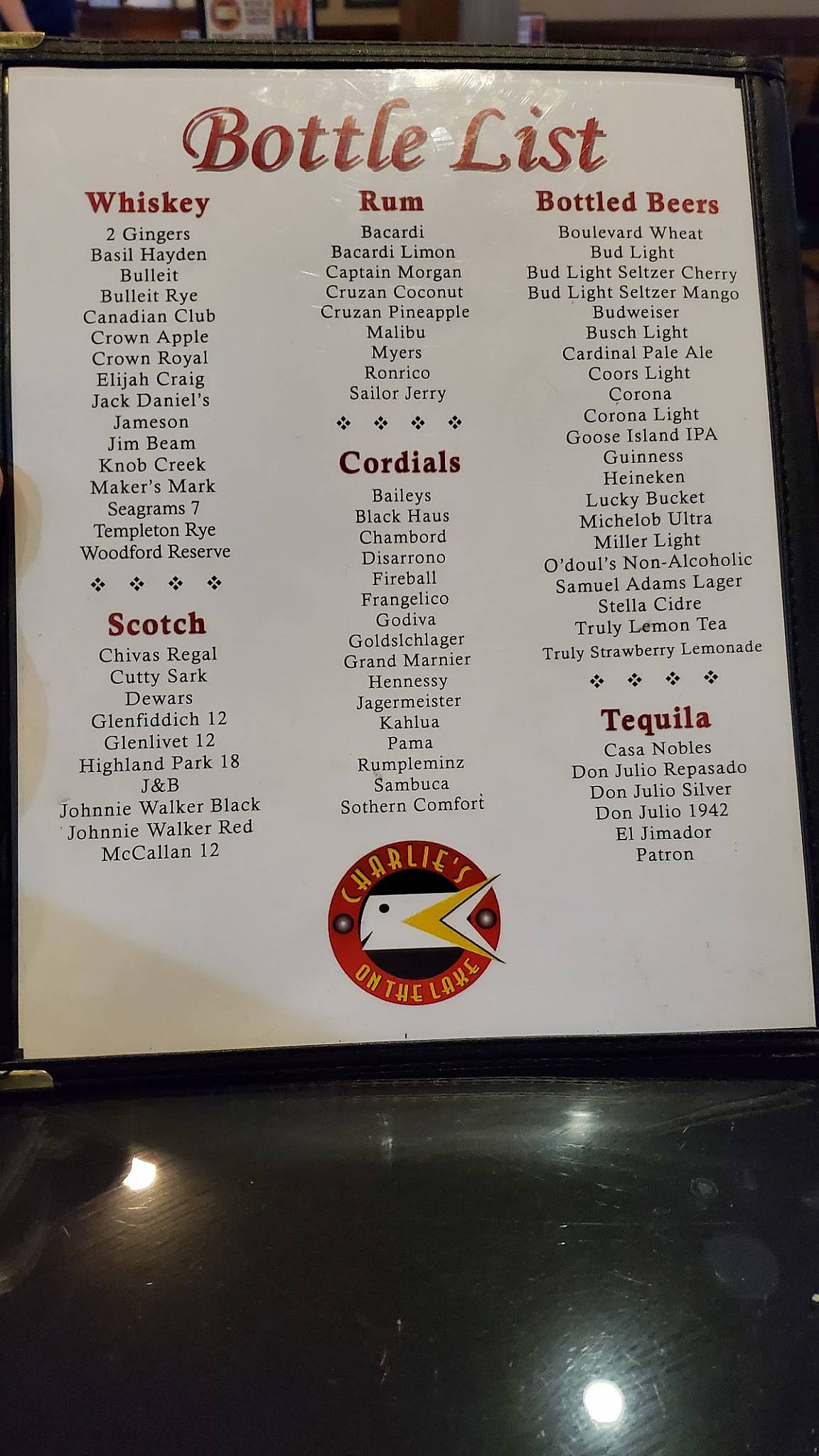 Menu at Charlie's on the Lake steakhouse, Omaha, S 144th St