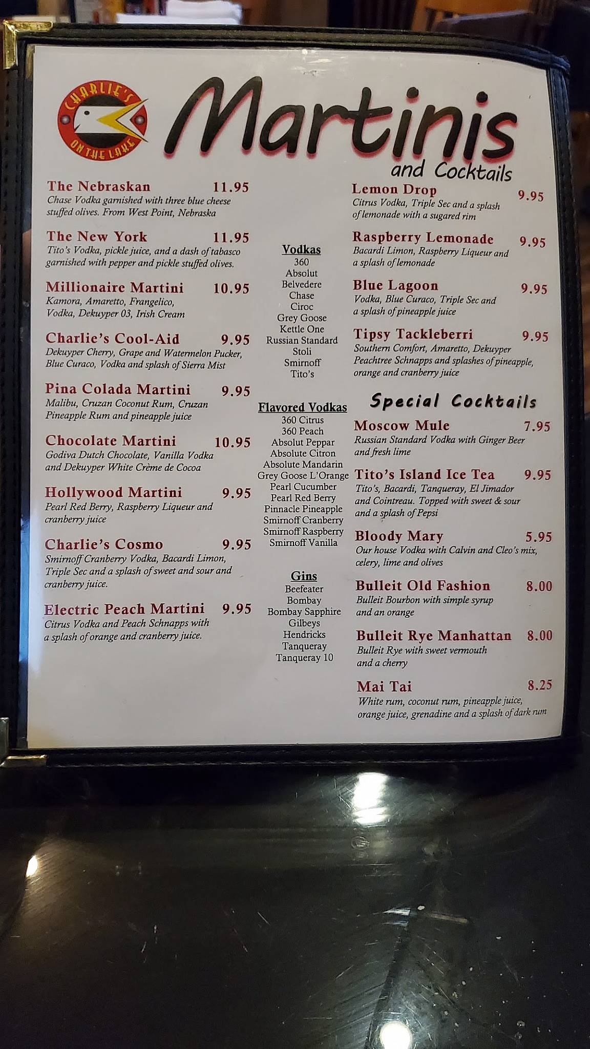 Menu at Charlie's on the Lake steakhouse, Omaha, S 144th St