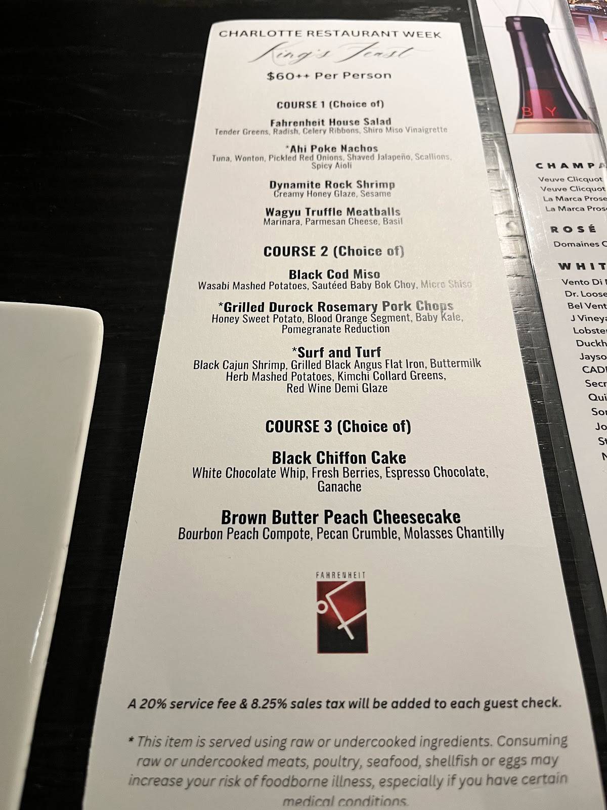 Menu at Fahrenheit restaurant, Charlotte