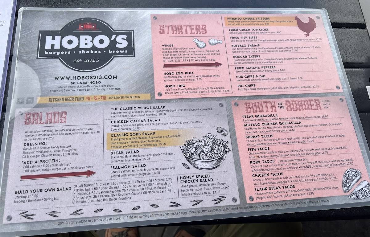 Menu at Hobo's pub & bar, Fort Mill