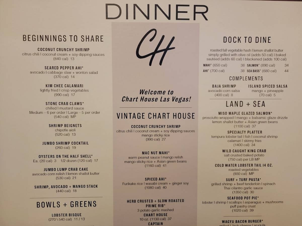 Menu at Chart House steakhouse, Las Vegas