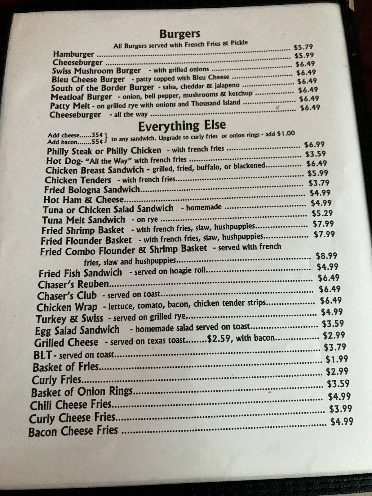 Menu at Chaser's Sports Bar & Grill, Oak Island
