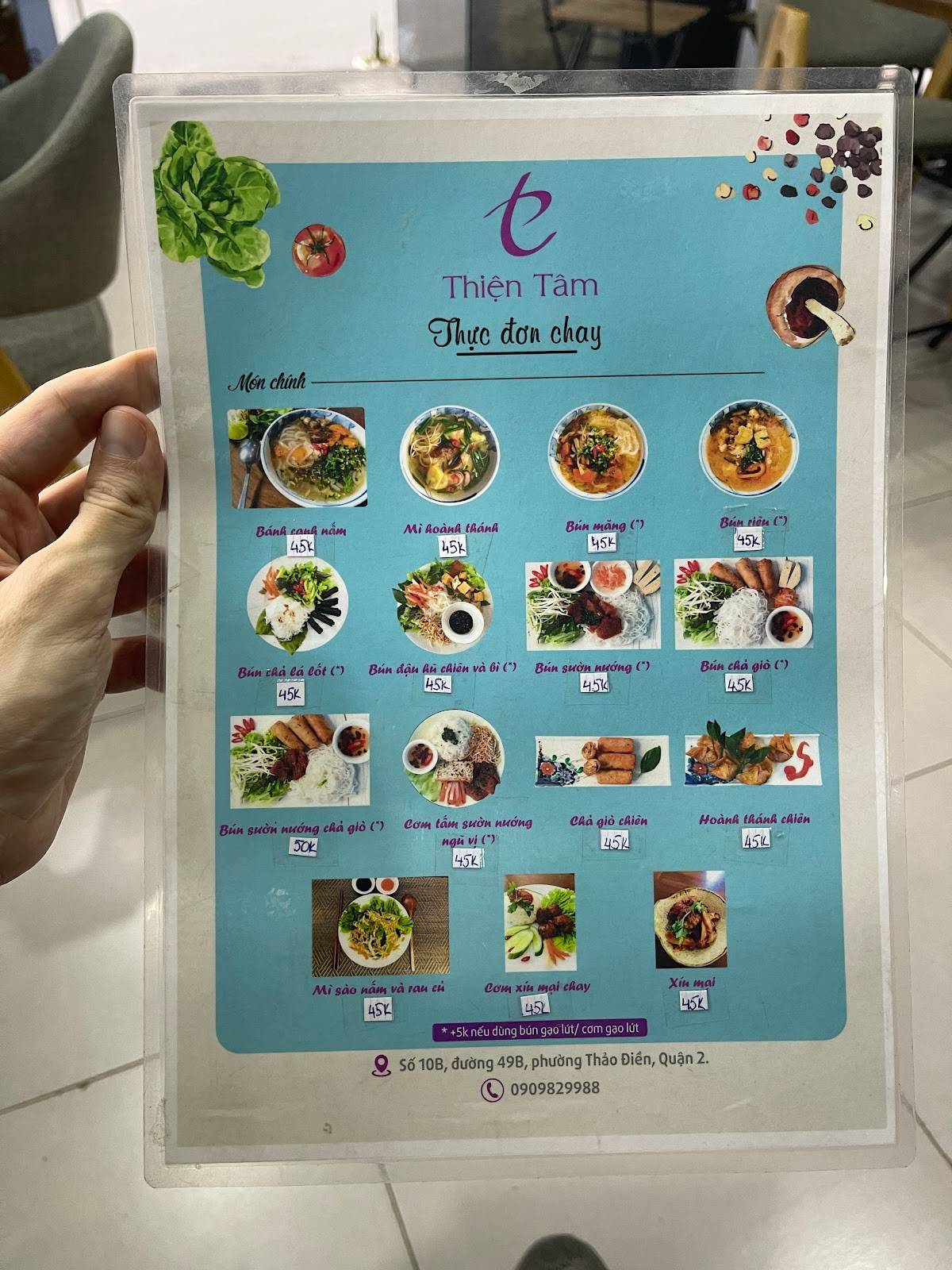 Menu at Chay Thiện Tâm restaurant, Ho Chi Minh City