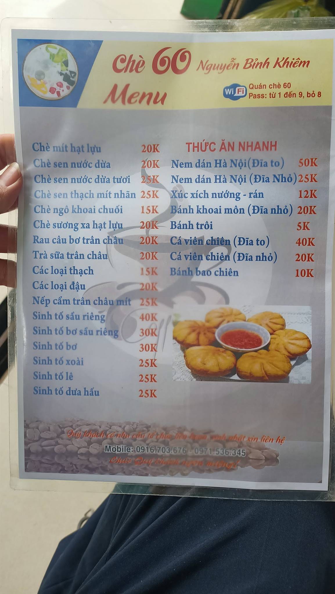 Menu at Chè Sài Gòn cafe, Thanh Hoa, 58 Nguyễn Bỉnh Khiêm