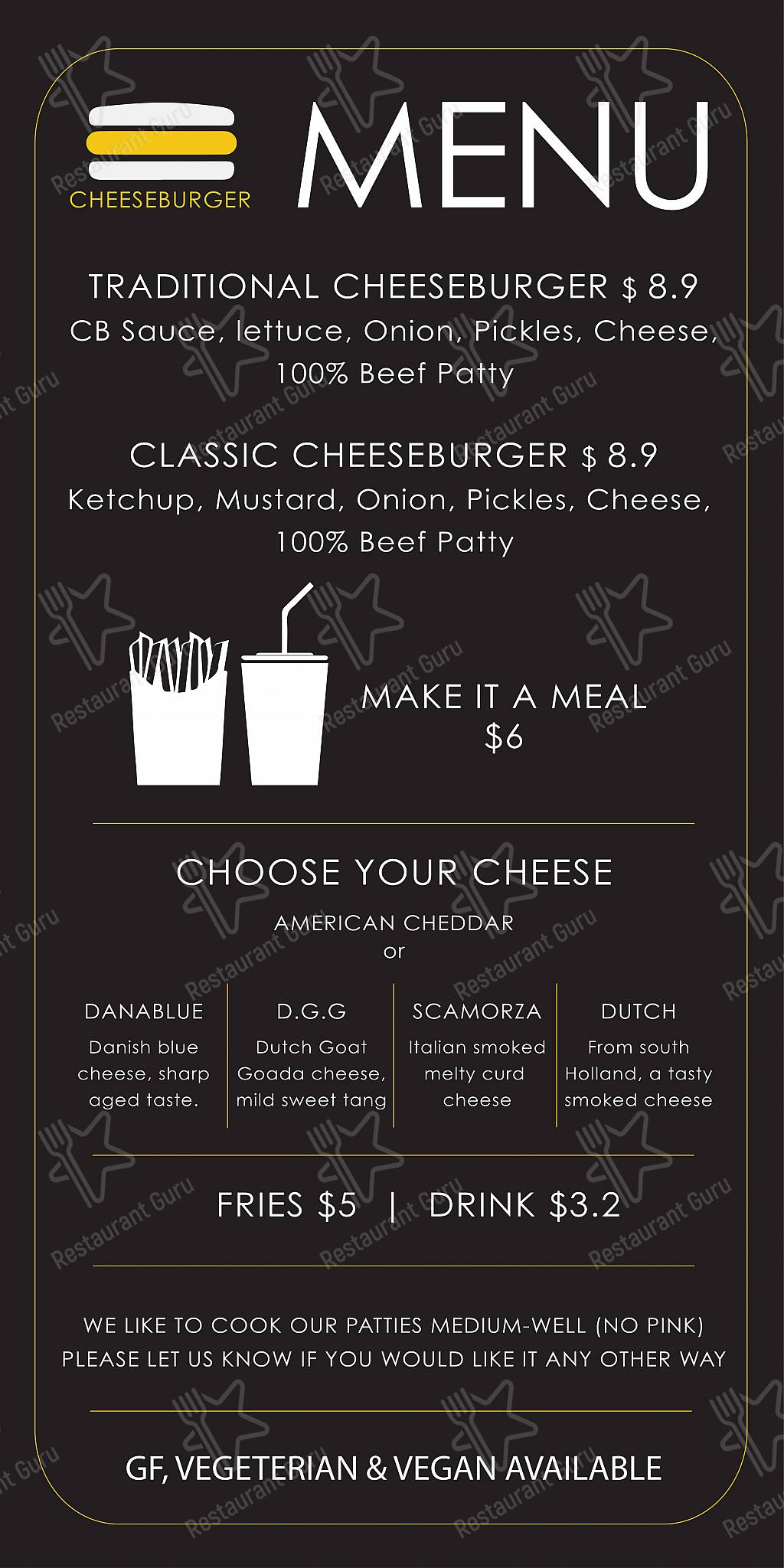 Menu at Cheeseburger Adelaide restaurant, Adelaide