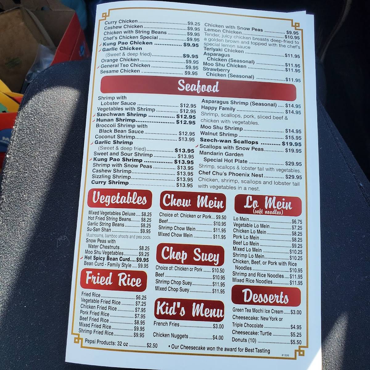 Menu at Chef Chu's Chinese Cuisine restaurant, Waupaca