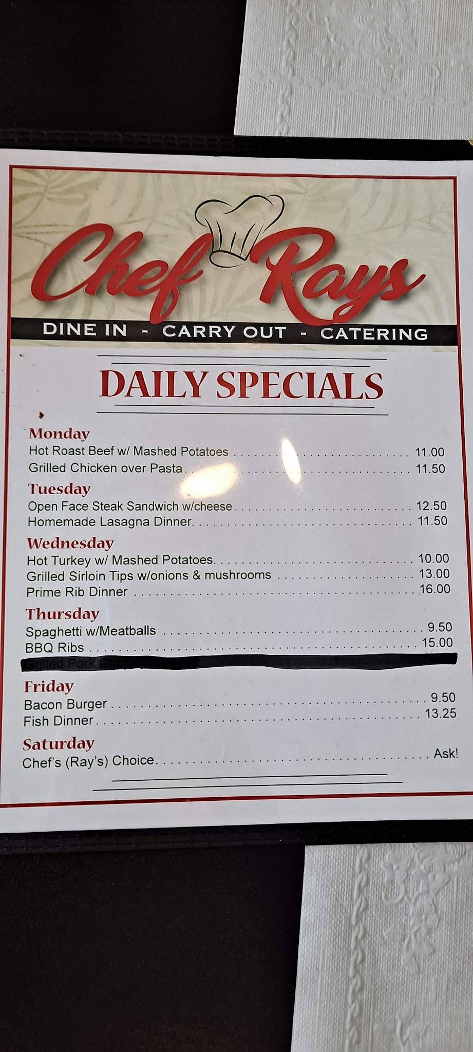 Menu at Chef Ray's Cafe, East Liverpool