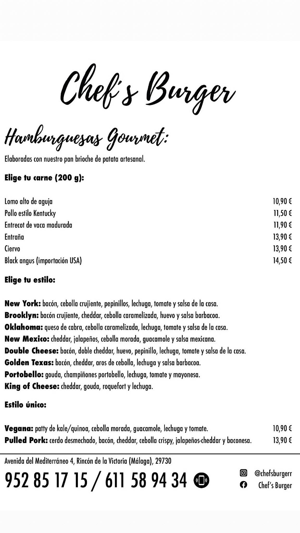 Carta del restaurante Chef's Burger, Rincón del la Victoria