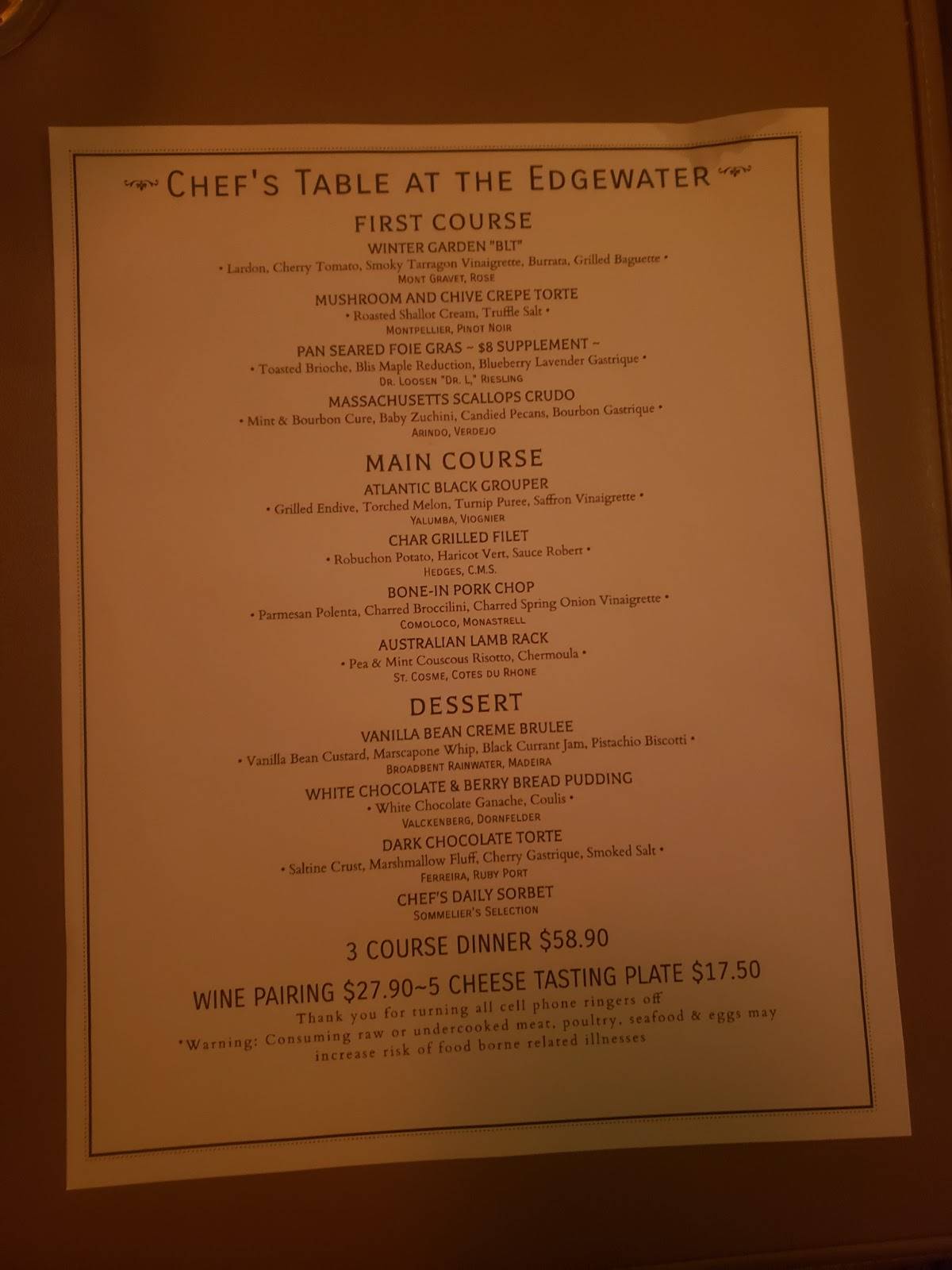 Menu at Chef's Table restaurant, Winter Garden