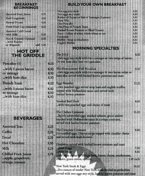 Menu at Chelsea Restaurant, Vancouver