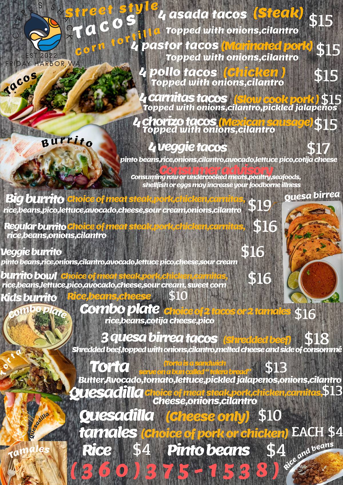 Menu at Chepe's shack restaurant, Friday Harbor