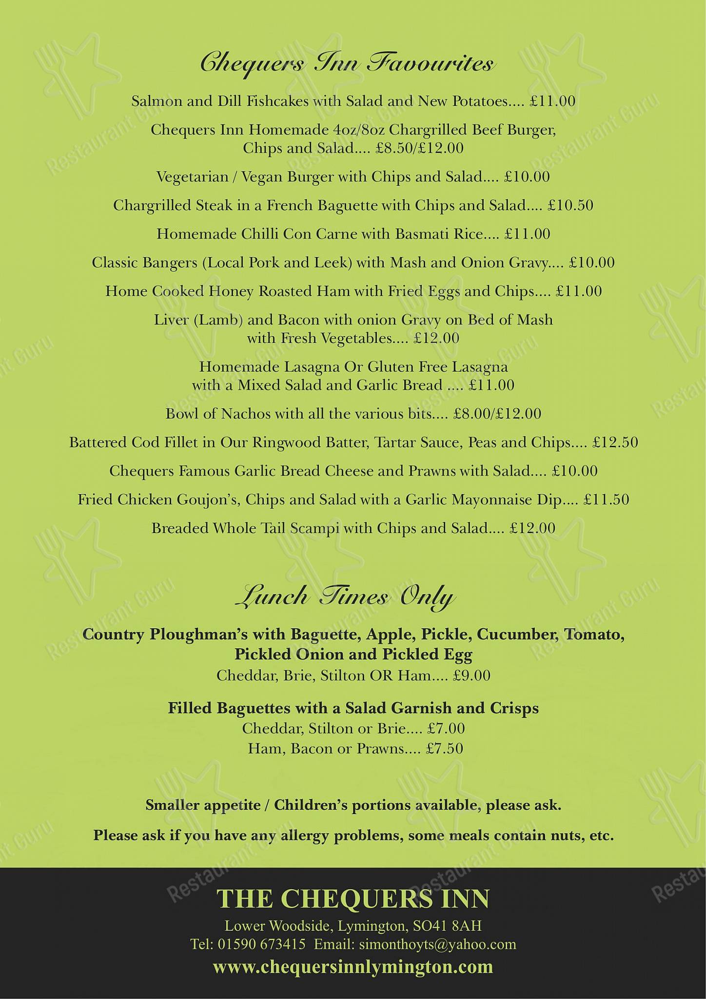 Menu at The Chequers Inn pub & bar, Lymington