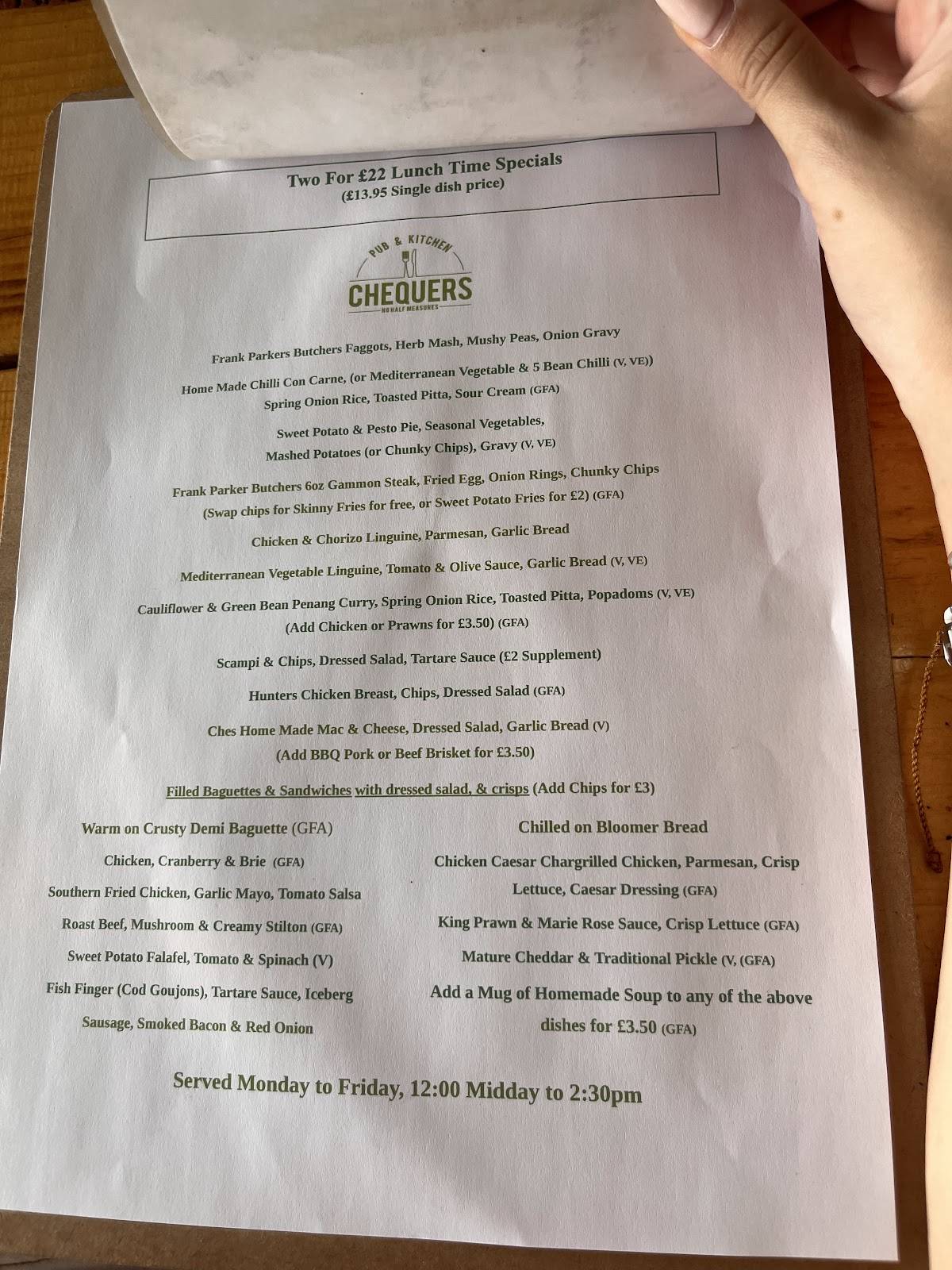 Menu at Chequers Pub And kitchen, Burbage, 30 Lutterworth Rd
