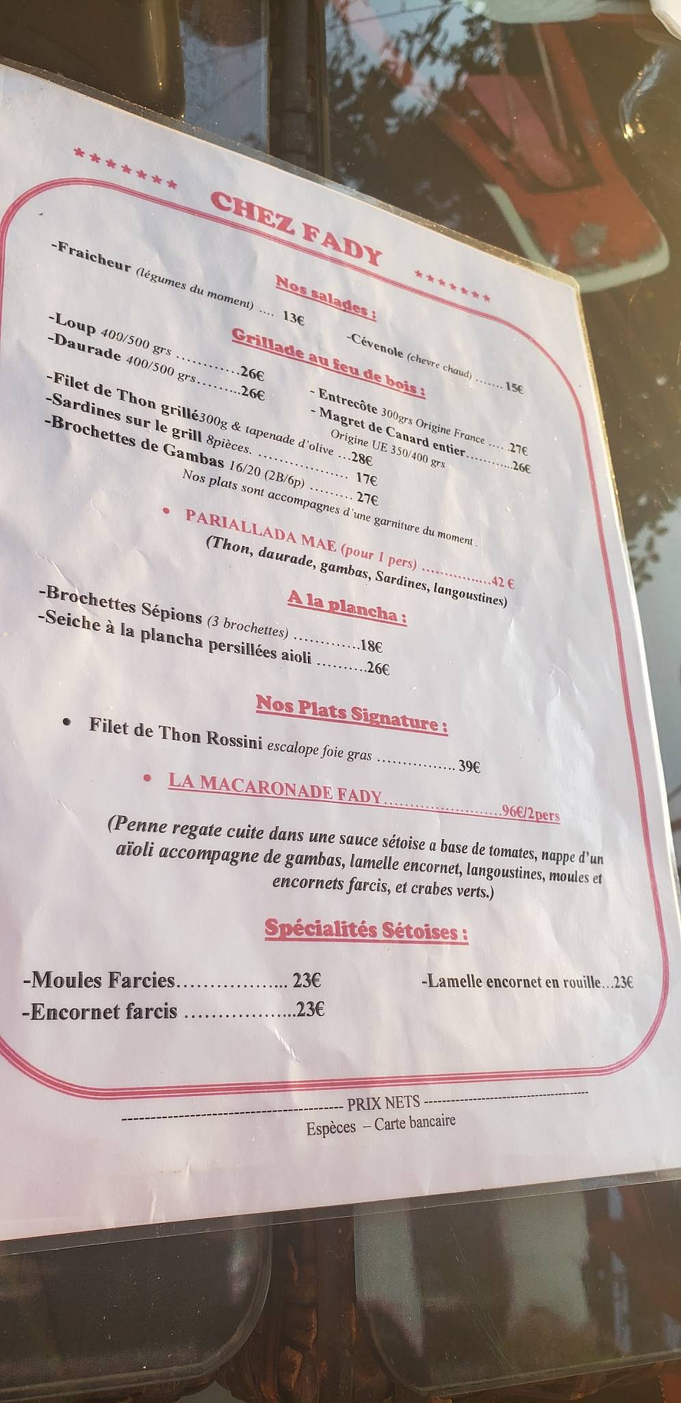 Menu at Chez Fady restaurant, Balaruc-les-Bains