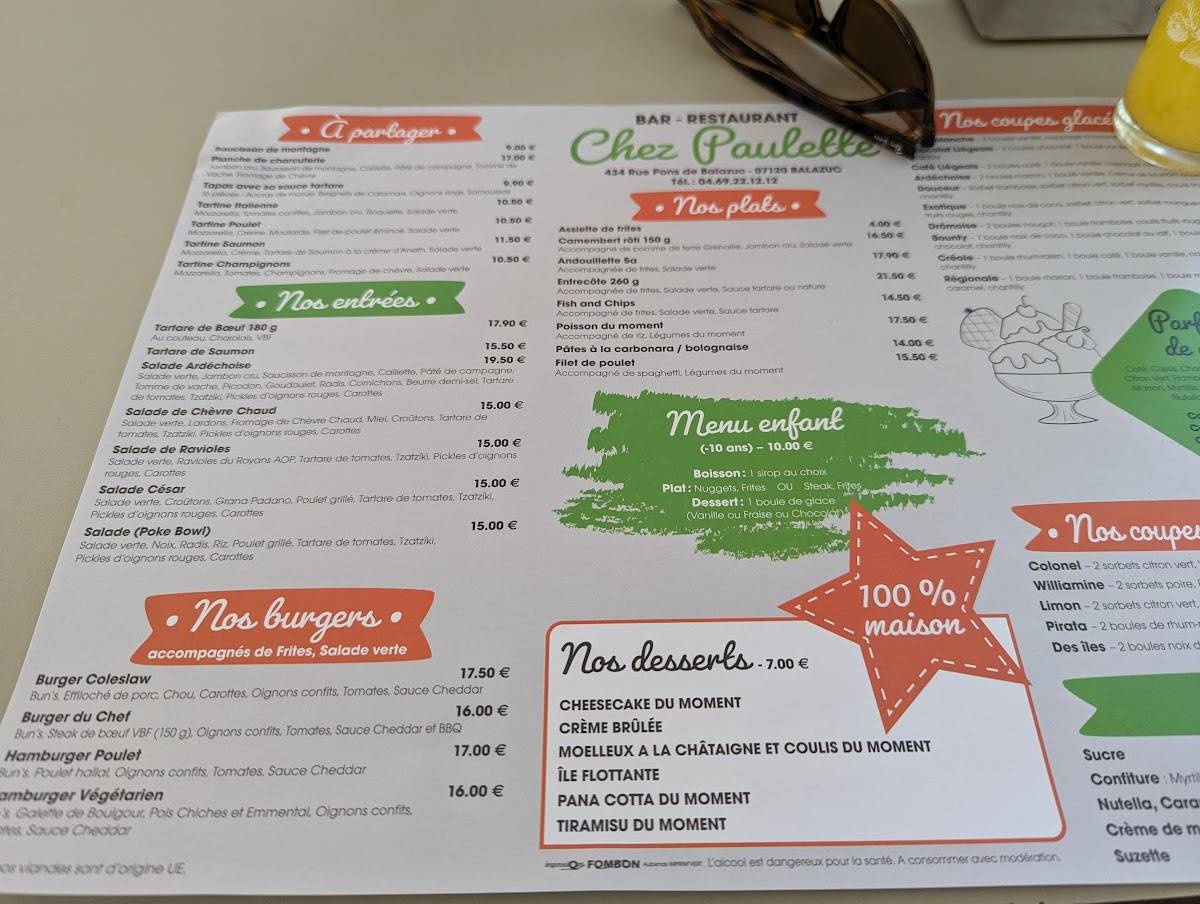 Menu au Chez Paulette pub et bar, Balazuc, de