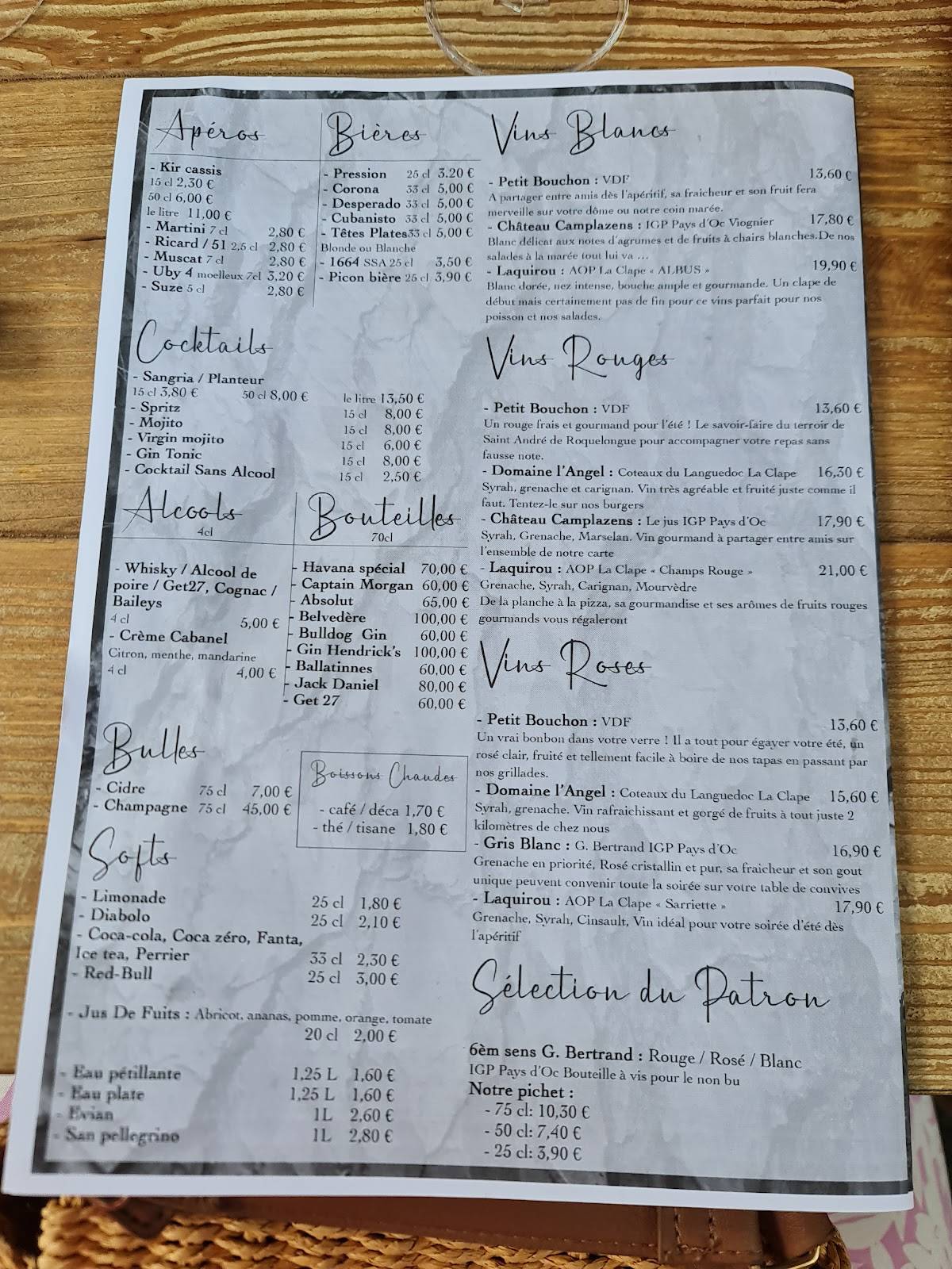 Menu au Chez Pierrot pizzeria, Vinassan
