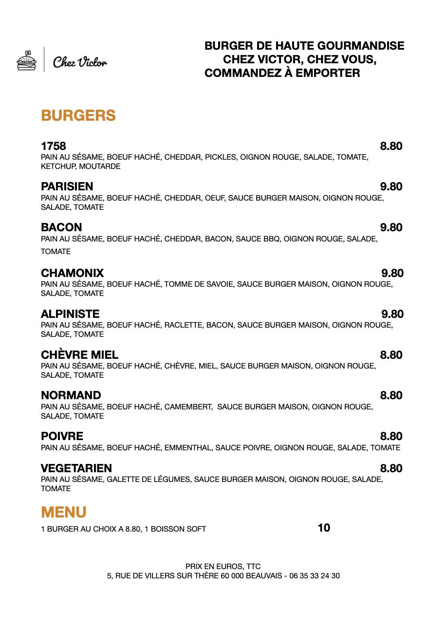 Menu at Chez Victor restaurant, Beauvais
