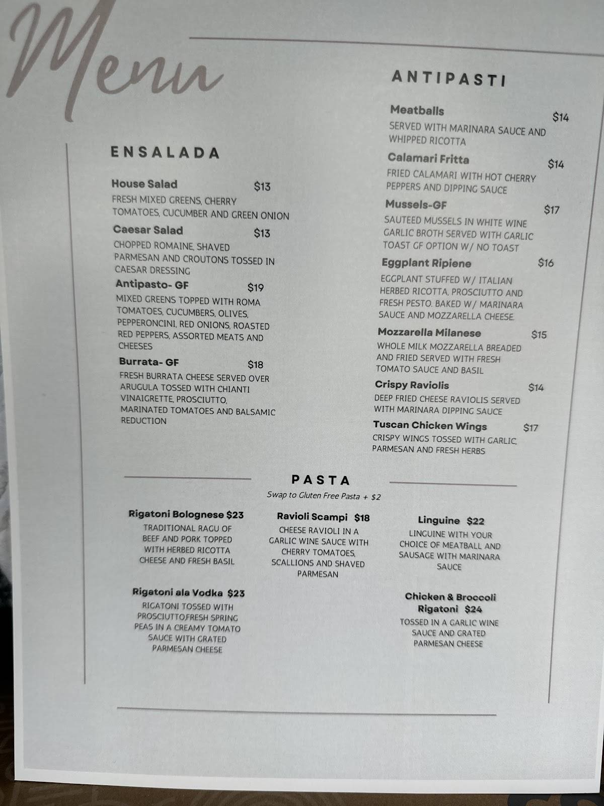 Menu at Chianti restaurant, Naples
