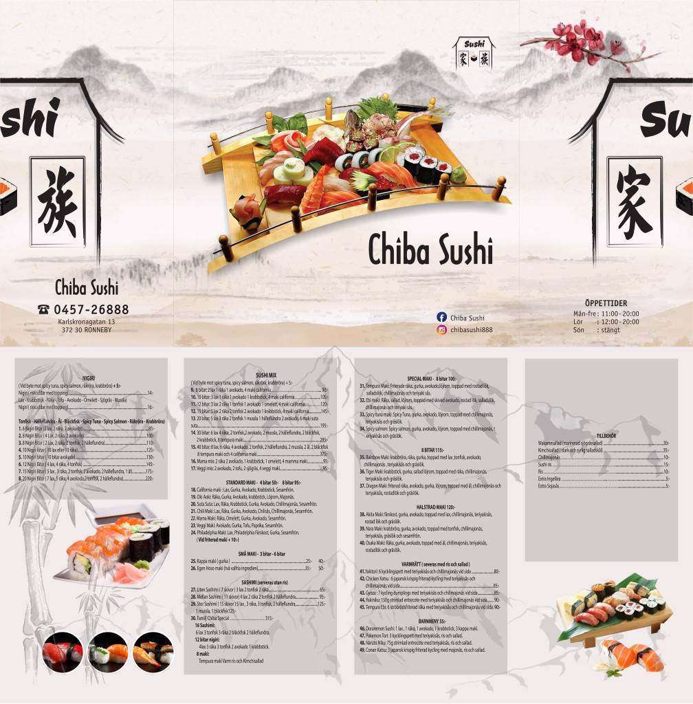 Menu at Chiba Sushi restaurant, Ronneby