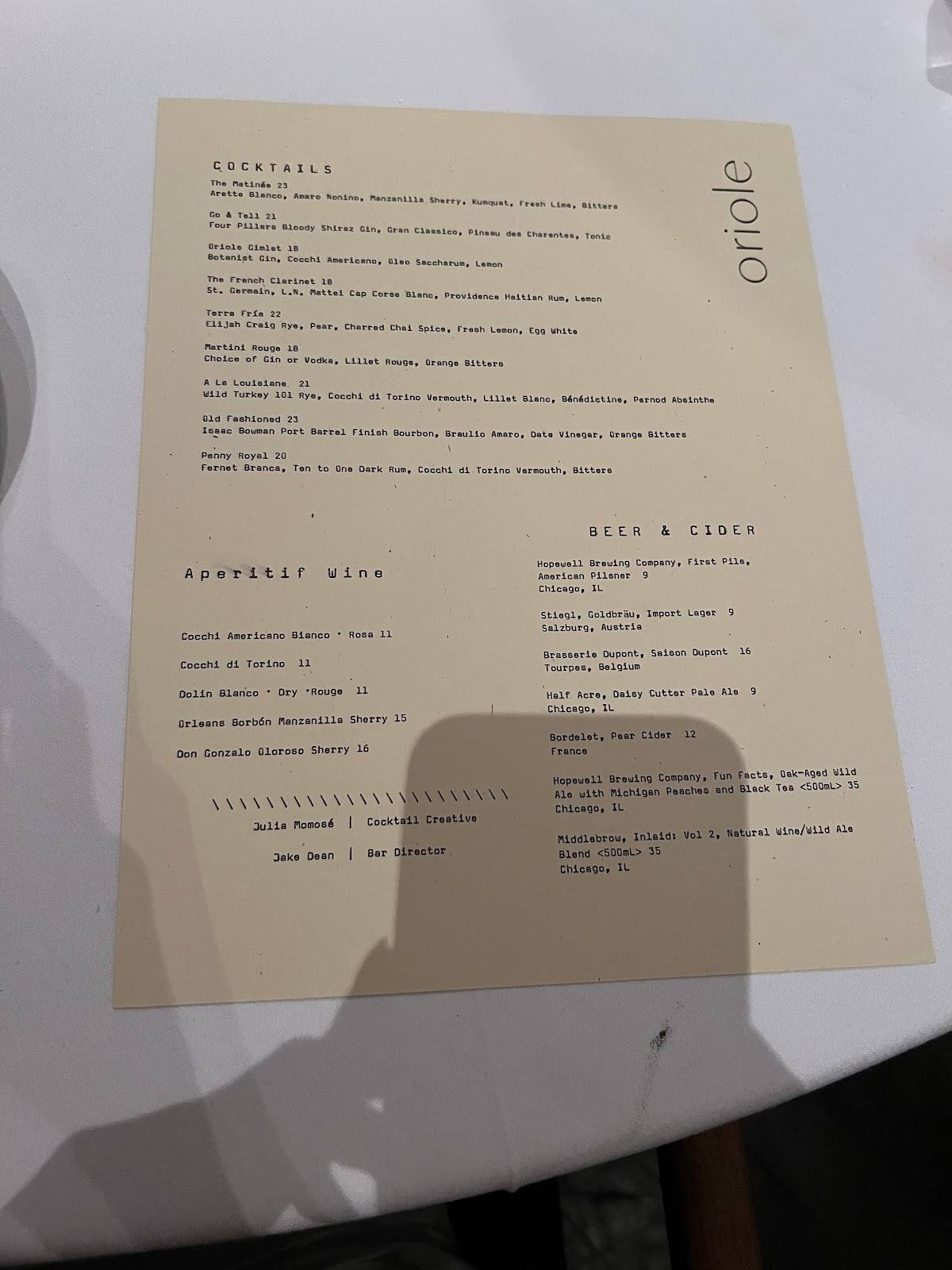 Menu at Oriole restaurant, Chicago