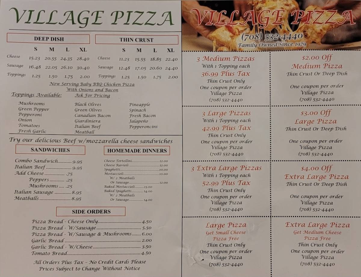Menu at Village Pizza pizzeria, Tinley Park, Oak Park Ave # 1