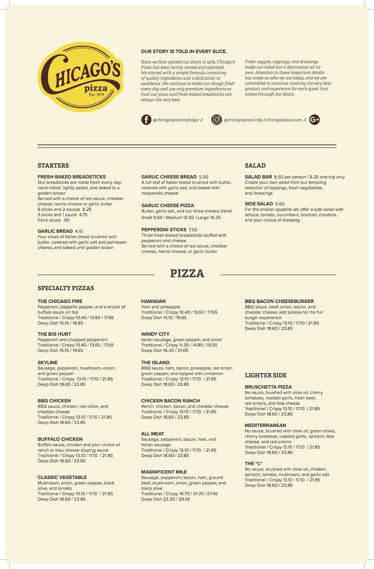 Menu at Chicago's PizzaTrafalgar restaurant, Trafalgar