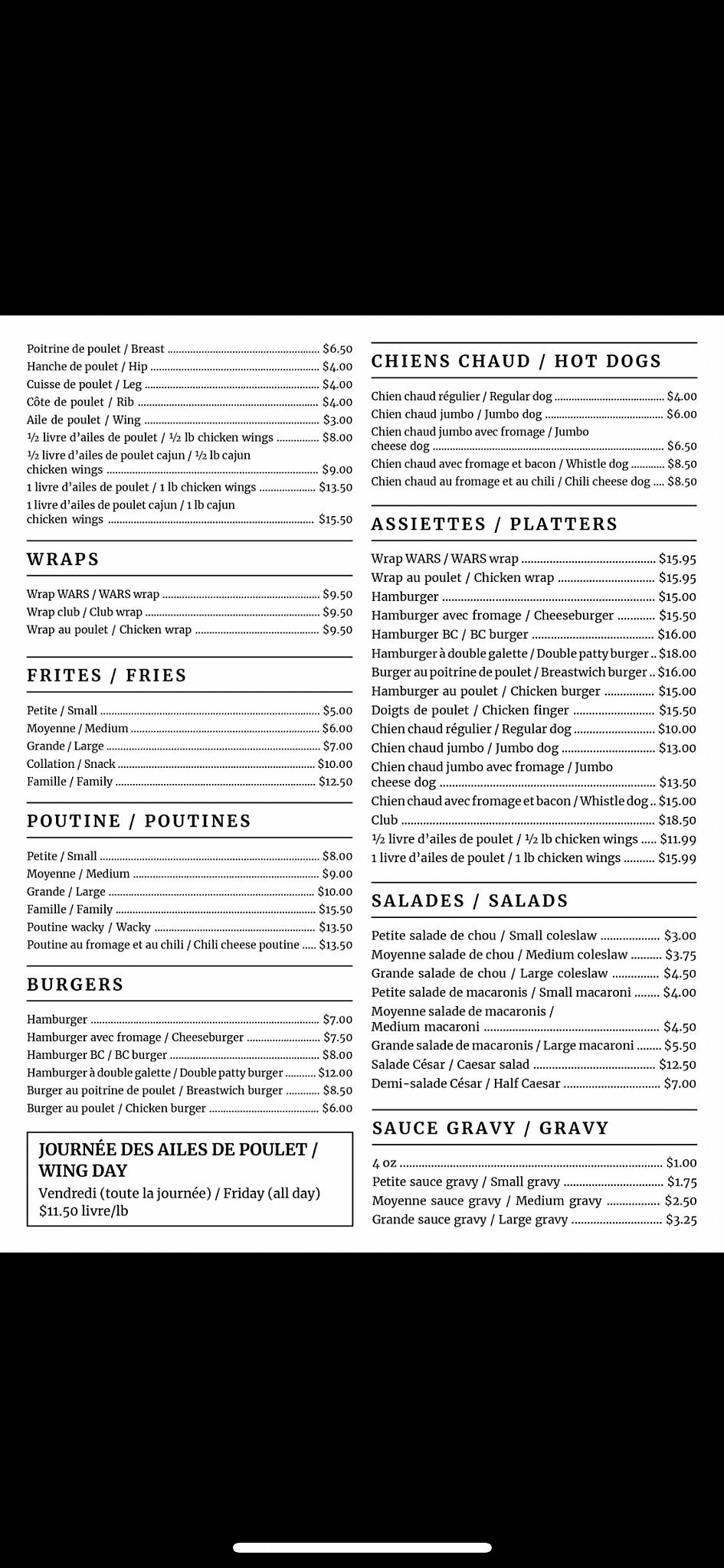 Menu au Chick N Things restaurant, Shawville