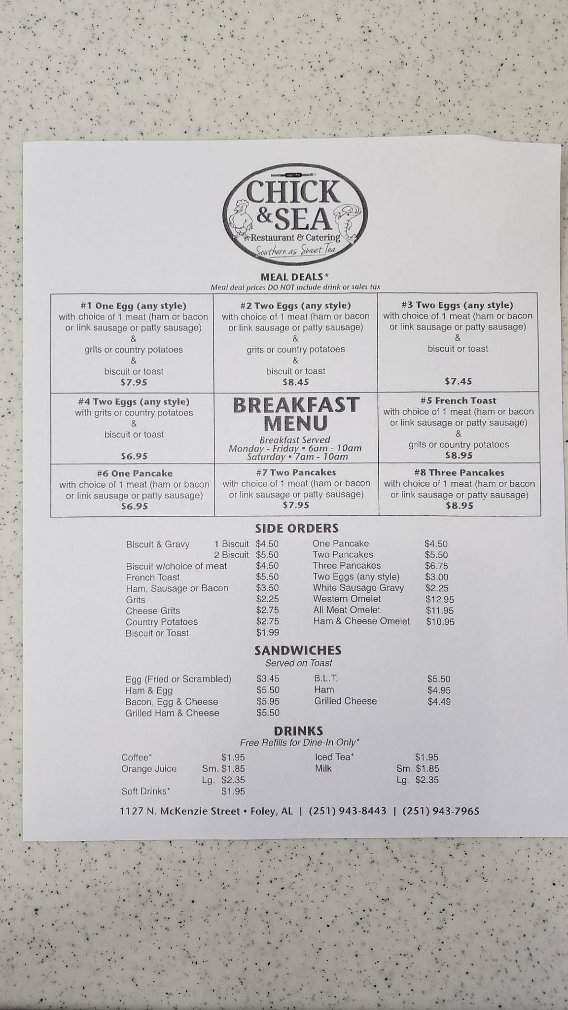 Menu at Chick & Sea Foods restaurant, Foley
