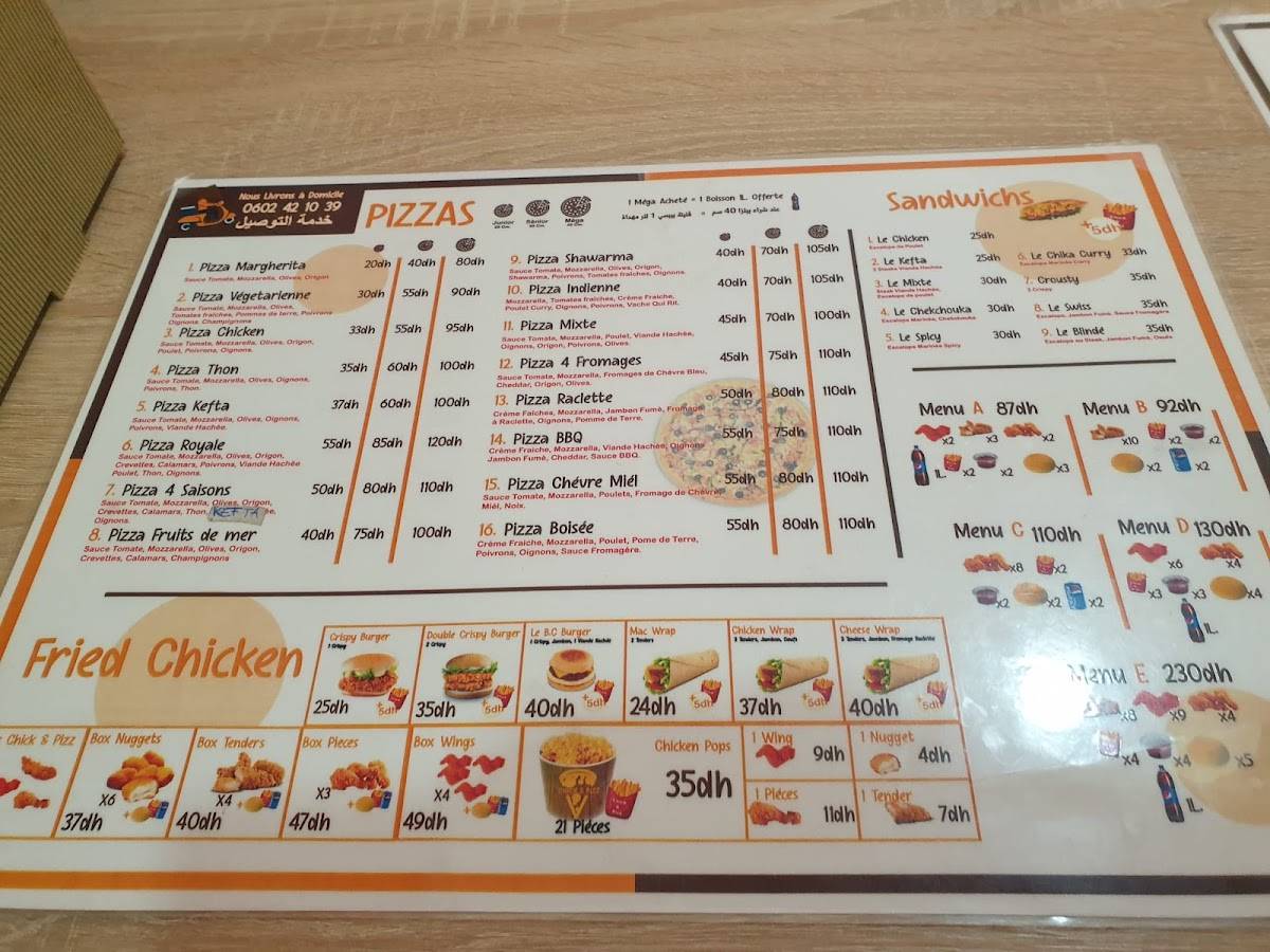 Menu au Chick & pizz restaurant, Marrakech